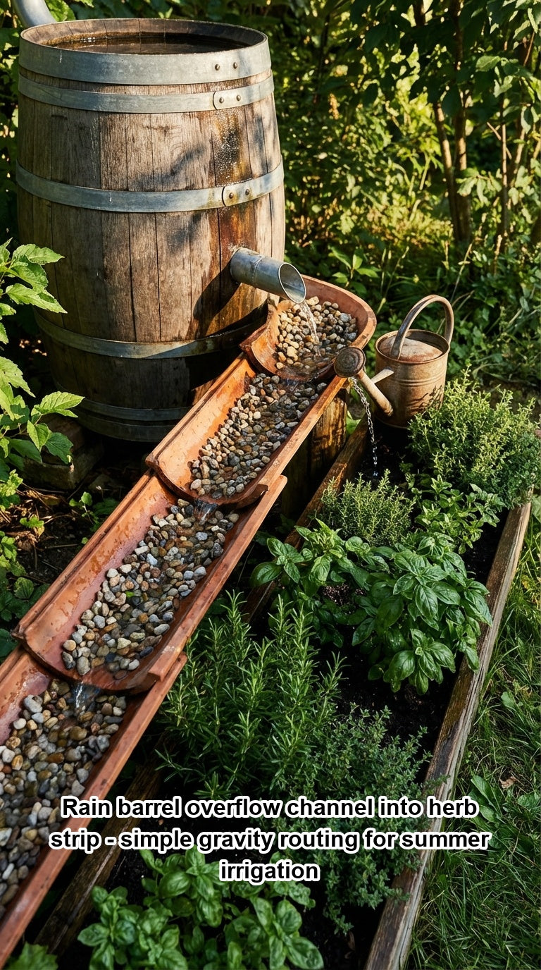 Rain barrel overflow channel into herb strip - simple gravity routing ...