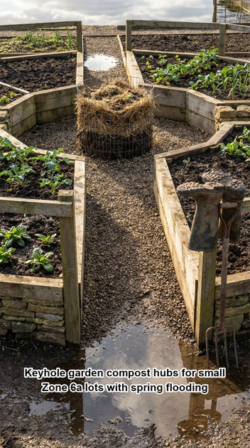 Keyhole garden compost hubs for small Zone 6a lots with spring flooding